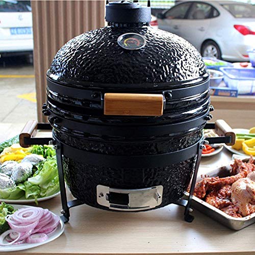 RJMOLU Large BBQ Grill, 16" Barbecue Grill Smoker BBQ Grill with 2 Foldable Wooden Side Shelves, Ceramic Barbecue for Picnic Garden Terrace Camping Travel,Blue