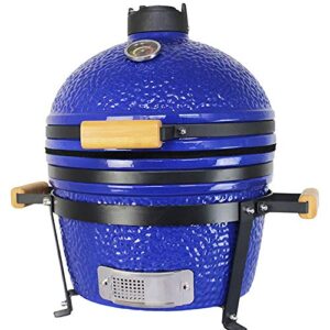 RJMOLU Large BBQ Grill, 16" Barbecue Grill Smoker BBQ Grill with 2 Foldable Wooden Side Shelves, Ceramic Barbecue for Picnic Garden Terrace Camping Travel,Blue