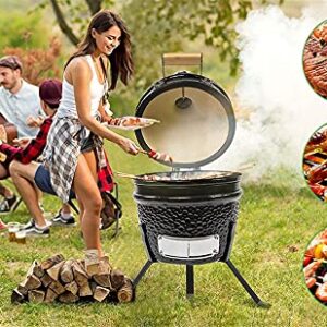 WHNB Ceramic Charcoal Grills Multifunctional Outdoor Garden Grill Without Side Table for BBQ, Camping and Picnic （13 Inch Black）