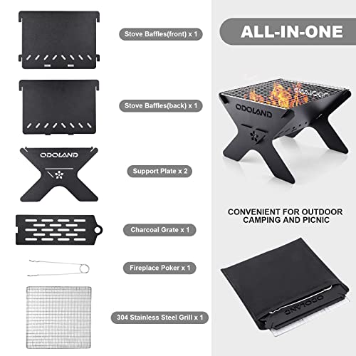 Odoland Camping Campfire Grill, Portable Folding Charcoal Grills, Backpacking BBQ Grill, Heavy Duty Firepit Grill with Carry Bag for Outdoor Cooking, Bonfire, Patio, Backyard