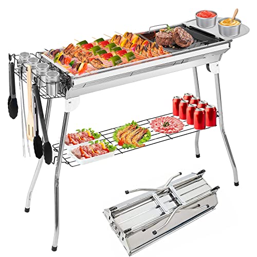 TeqHome Portable Charcoal Grill, Upgraded Folding Large Barbecue Charcoal Grill W/Board Shelf & Flavoring Storage Basket, Stainless Steel Frame, for 8 People Picnic Garden Terrace Camping Travel Use