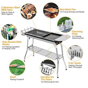 TeqHome Portable Charcoal Grill, Upgraded Folding Large Barbecue Charcoal Grill W/Board Shelf & Flavoring Storage Basket, Stainless Steel Frame, for 8 People Picnic Garden Terrace Camping Travel Use