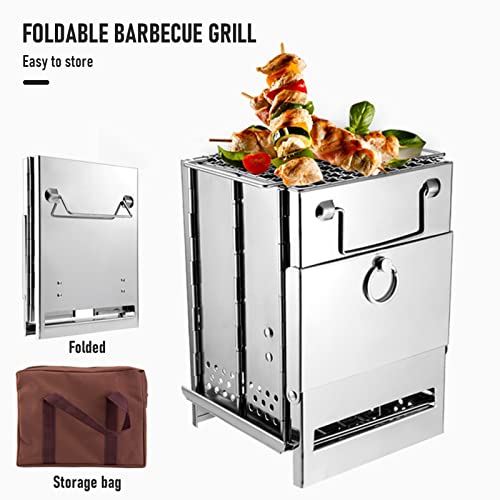 MengK Wood Stove Stainless Steel Foldable Mini Charcoal Grill Lightweight Barbecue Grill for Camping Garden Outdoor Picnic