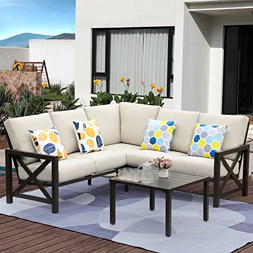 NATURAL EXPRESSIONS 6 Pieces Patio Furniture Sets, Metal Outdoor Sectional Furniture L-Shape Patio Conversation Set with Coffee Table,Large Waterproof Cover, 6.5" Thick Soft Removable Olefin Cushions