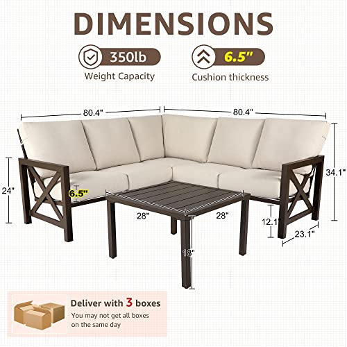 NATURAL EXPRESSIONS 6 Pieces Patio Furniture Sets, Metal Outdoor Sectional Furniture L-Shape Patio Conversation Set with Coffee Table,Large Waterproof Cover, 6.5" Thick Soft Removable Olefin Cushions