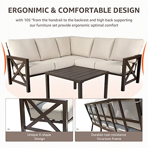 NATURAL EXPRESSIONS 6 Pieces Patio Furniture Sets, Metal Outdoor Sectional Furniture L-Shape Patio Conversation Set with Coffee Table,Large Waterproof Cover, 6.5" Thick Soft Removable Olefin Cushions