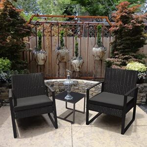 Homall Balcony 3 Piece Furniture Table Garden Backyard Outdoor Patio Use Porch Chairs Cushioned PE Wicker Bistro Set Rattan (Black)