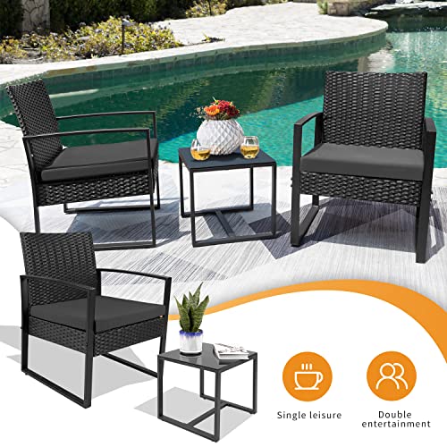 Homall Balcony 3 Piece Furniture Table Garden Backyard Outdoor Patio Use Porch Chairs Cushioned PE Wicker Bistro Set Rattan (Black)