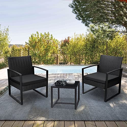 Homall Balcony 3 Piece Furniture Table Garden Backyard Outdoor Patio Use Porch Chairs Cushioned PE Wicker Bistro Set Rattan (Black)