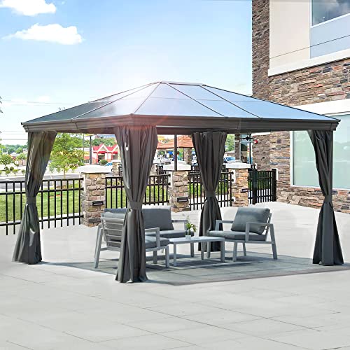 ESSENTIAL LOUNGER 12ftx10ft Hardtop Gazebo, Outdoor Aluminum Metal Gazebo Tent, 99% UV Rays Block,100% Waterproof Polycarbonate Gazebo Canopy with Curtain Screens, for Outdoor Patio Garden