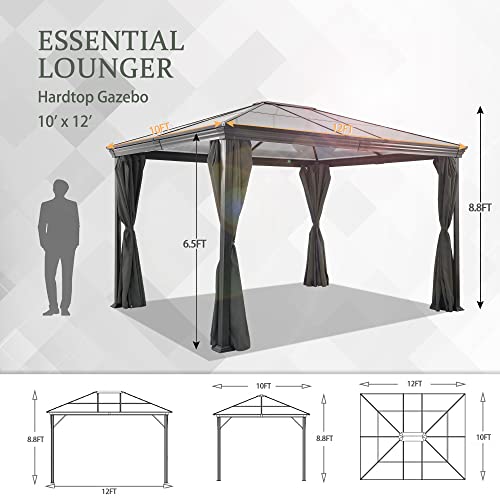 ESSENTIAL LOUNGER 12ftx10ft Hardtop Gazebo, Outdoor Aluminum Metal Gazebo Tent, 99% UV Rays Block,100% Waterproof Polycarbonate Gazebo Canopy with Curtain Screens, for Outdoor Patio Garden