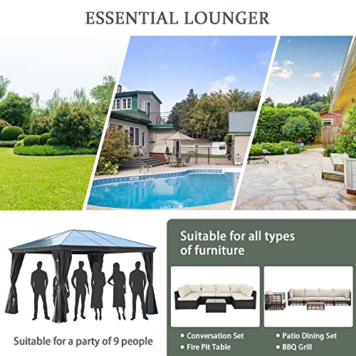 ESSENTIAL LOUNGER 12ftx10ft Hardtop Gazebo, Outdoor Aluminum Metal Gazebo Tent, 99% UV Rays Block,100% Waterproof Polycarbonate Gazebo Canopy with Curtain Screens, for Outdoor Patio Garden