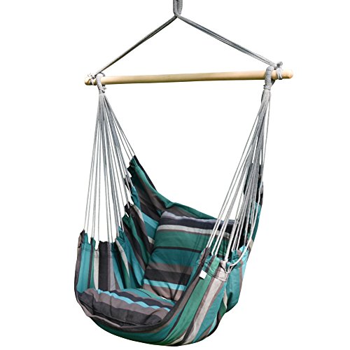 Prime Garden Comfort Cotton Hanging Hammock Chair, Rope Swing Chair with 2 Cushions for Indoor or Outdoor - Max. 275 Lbs (Green Stripe)