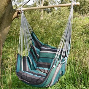 Prime Garden Comfort Cotton Hanging Hammock Chair, Rope Swing Chair with 2 Cushions for Indoor or Outdoor - Max. 275 Lbs (Green Stripe)