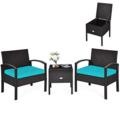 HAPPYGRILL 3-Piece Patio Furniture Set Rattan Wicker Sofa Set with Removable Cushion and Coffee Table with Storage Space, Conversation Bistro Sofa Chairs Set for Garden Poolside Balcony, Turquoise