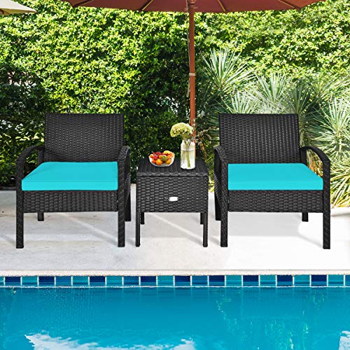 HAPPYGRILL 3-Piece Patio Furniture Set Rattan Wicker Sofa Set with Removable Cushion and Coffee Table with Storage Space, Conversation Bistro Sofa Chairs Set for Garden Poolside Balcony, Turquoise