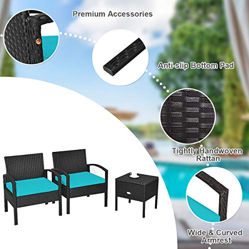 HAPPYGRILL 3-Piece Patio Furniture Set Rattan Wicker Sofa Set with Removable Cushion and Coffee Table with Storage Space, Conversation Bistro Sofa Chairs Set for Garden Poolside Balcony, Turquoise