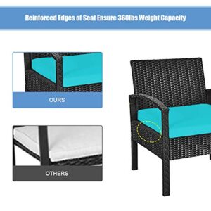 HAPPYGRILL 3-Piece Patio Furniture Set Rattan Wicker Sofa Set with Removable Cushion and Coffee Table with Storage Space, Conversation Bistro Sofa Chairs Set for Garden Poolside Balcony, Turquoise