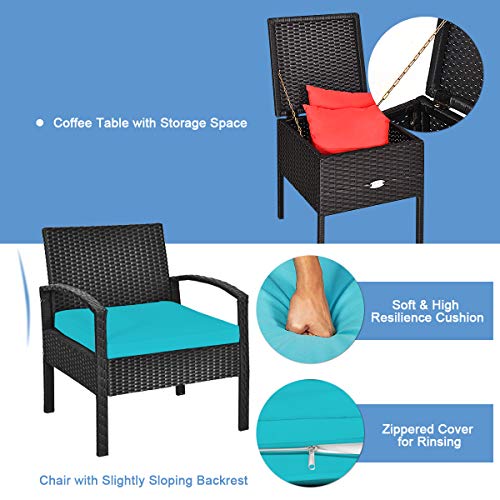 HAPPYGRILL 3-Piece Patio Furniture Set Rattan Wicker Sofa Set with Removable Cushion and Coffee Table with Storage Space, Conversation Bistro Sofa Chairs Set for Garden Poolside Balcony, Turquoise