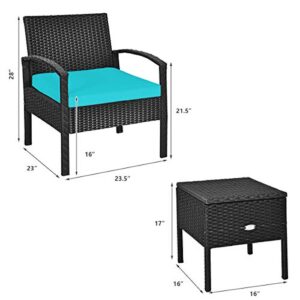 HAPPYGRILL 3-Piece Patio Furniture Set Rattan Wicker Sofa Set with Removable Cushion and Coffee Table with Storage Space, Conversation Bistro Sofa Chairs Set for Garden Poolside Balcony, Turquoise