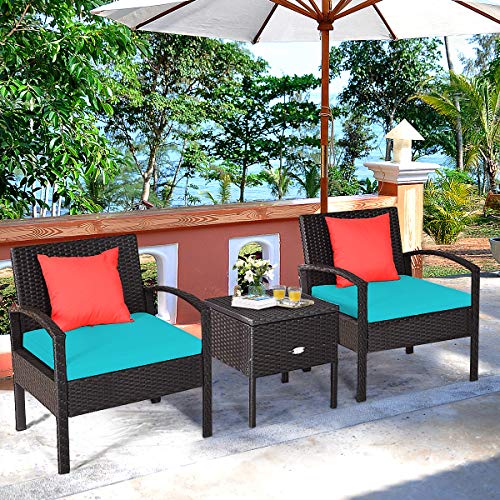 HAPPYGRILL 3-Piece Patio Furniture Set Rattan Wicker Sofa Set with Removable Cushion and Coffee Table with Storage Space, Conversation Bistro Sofa Chairs Set for Garden Poolside Balcony, Turquoise