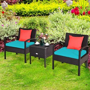 HAPPYGRILL 3-Piece Patio Furniture Set Rattan Wicker Sofa Set with Removable Cushion and Coffee Table with Storage Space, Conversation Bistro Sofa Chairs Set for Garden Poolside Balcony, Turquoise