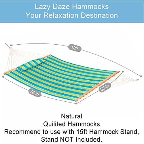 Lazy Daze Hammocks 12FT Quilted Fabric Hammock with Pillow, Double 2 Person Hammock with Spreader Bar for Outdoor Outside Patio Garden Yard Pool Beach QFH009