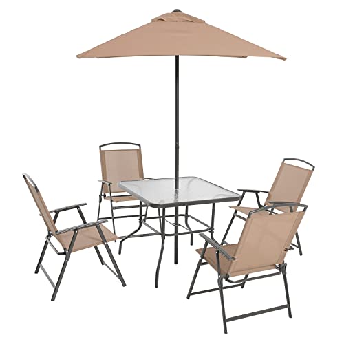 Folding Patio Dining Set of 6 Pcs All Weather Small Metal Outdoor Table and Chair Set, Garden Patio Furniture Set w/Umbrella, Glass Table & 4 Folding Chairs for Lawn, Deck, Backyard, Tan