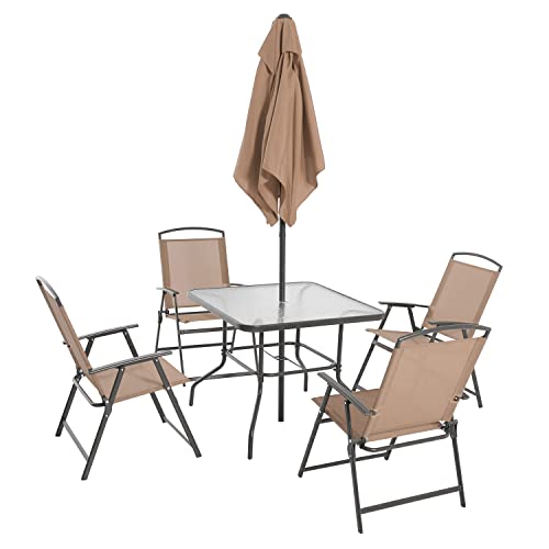 Folding Patio Dining Set of 6 Pcs All Weather Small Metal Outdoor Table and Chair Set, Garden Patio Furniture Set w/Umbrella, Glass Table & 4 Folding Chairs for Lawn, Deck, Backyard, Tan