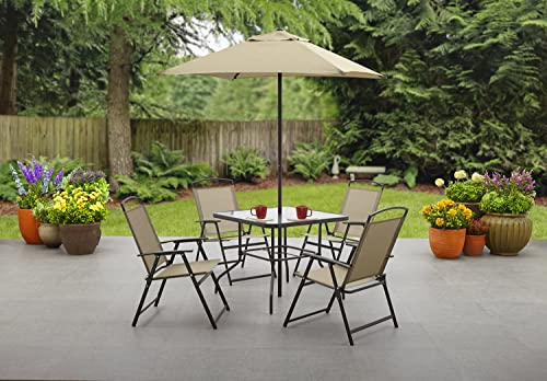 Folding Patio Dining Set of 6 Pcs All Weather Small Metal Outdoor Table and Chair Set, Garden Patio Furniture Set w/Umbrella, Glass Table & 4 Folding Chairs for Lawn, Deck, Backyard, Tan