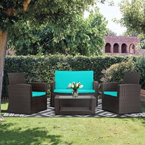 FDW 4 Pieces Conversation Set Patio Sofas Wicker Outdoor Patio Furniture Sets Sectional Sofa Rattan Chair Outdoor Backyard Porch Poolside Balcony Garden Furniture with Coffee Table (Blue Cushion)