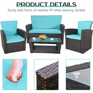 FDW 4 Pieces Conversation Set Patio Sofas Wicker Outdoor Patio Furniture Sets Sectional Sofa Rattan Chair Outdoor Backyard Porch Poolside Balcony Garden Furniture with Coffee Table (Blue Cushion)