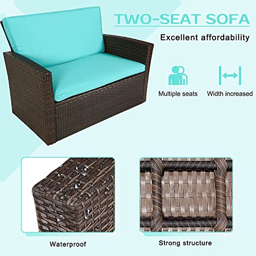 FDW 4 Pieces Conversation Set Patio Sofas Wicker Outdoor Patio Furniture Sets Sectional Sofa Rattan Chair Outdoor Backyard Porch Poolside Balcony Garden Furniture with Coffee Table (Blue Cushion)