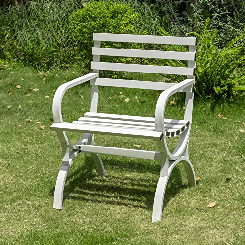 Sophia & William Outdoor Garden Park Chair Patio Metal Single Seater Bench, Steel Frame Furniture with Backrest and Armrests for Porch Yard Lawn Deck, White