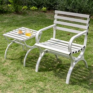 Sophia & William Outdoor Garden Park Chair Patio Metal Single Seater Bench, Steel Frame Furniture with Backrest and Armrests for Porch Yard Lawn Deck, White