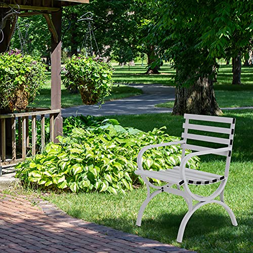 Sophia & William Outdoor Garden Park Chair Patio Metal Single Seater Bench, Steel Frame Furniture with Backrest and Armrests for Porch Yard Lawn Deck, White