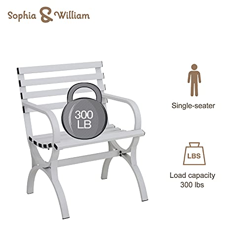 Sophia & William Outdoor Garden Park Chair Patio Metal Single Seater Bench, Steel Frame Furniture with Backrest and Armrests for Porch Yard Lawn Deck, White