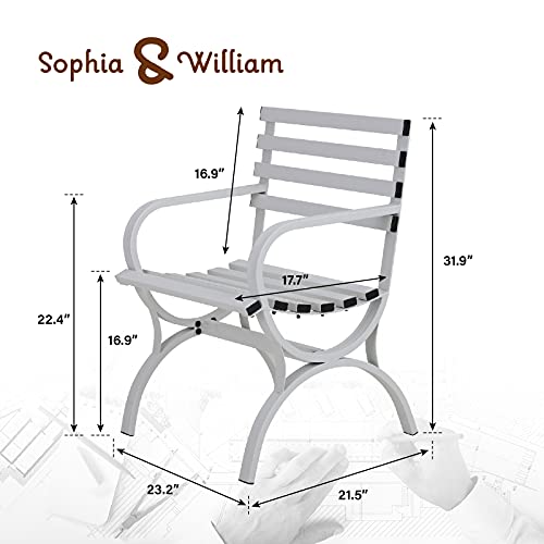 Sophia & William Outdoor Garden Park Chair Patio Metal Single Seater Bench, Steel Frame Furniture with Backrest and Armrests for Porch Yard Lawn Deck, White