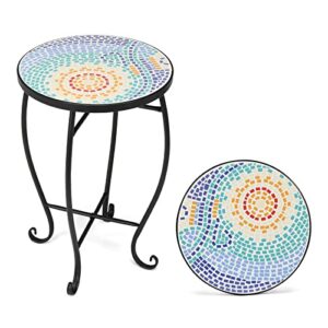 vingli mosaic accent table, 14″ round side table,end table, plant stand decor for patio porch beach theme balcony back deck pool indoor outdoor coffee, metal cobalt glass top black iron(blue hawaii)