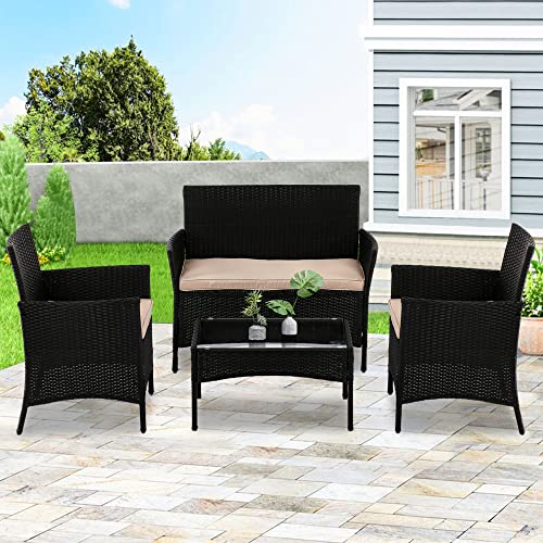 4 Pieces Patio Furniture Sets, Outdoor Rattan Conversation Bistro Chairs w/Glass Coffee Table & Soft Cushions Modern Wicker Bistro Set Garden Furniture Sets for Porch Backyard Lawn Poolside(Black)