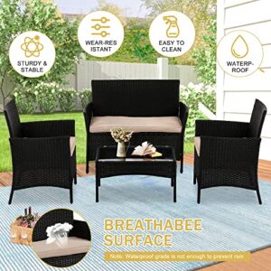 4 Pieces Patio Furniture Sets, Outdoor Rattan Conversation Bistro Chairs w/Glass Coffee Table & Soft Cushions Modern Wicker Bistro Set Garden Furniture Sets for Porch Backyard Lawn Poolside(Black)