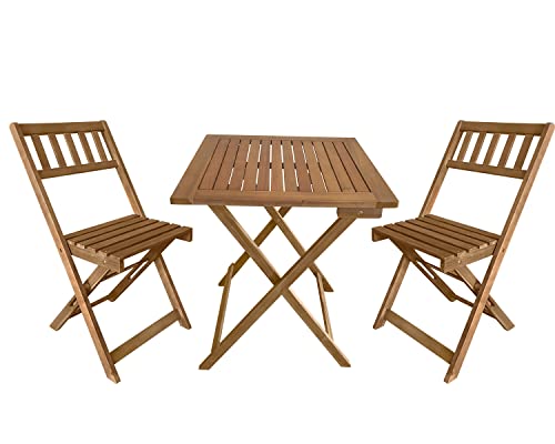 FDW 3-Piece Acacia Wood Folding Patio Bistro Set Outdoor Bistro Set Table and Chairs Set with 2 Chairs and Square Table for Pool Beach Backyard Balcony Porch Deck Garden Wooden Furniture, Natural