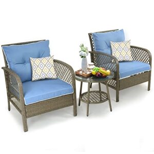 auzfy 3 pieces outdoor patio chair set small patio conversation sets wicker patio bistro set with side table & 2 pillows for sunroom, garden, balcony, blue cushion