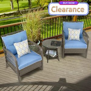 Auzfy 3 Pieces Outdoor Patio Chair Set Small Patio Conversation Sets Wicker Patio Bistro Set with Side Table & 2 Pillows for Sunroom, Garden, Balcony, Blue Cushion