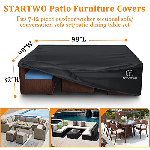 STARTWO Patio Furniture Covers, Outdoor Furniture Cover Waterproof, Windproof Tear Resistant Outdoor Sectional Couch Cover, Patio Cover for 7-12 Seats Dining Table Chair Set, Black, 98x98x28inches