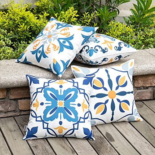 MIULEE Outdoor Waterproof Throw Pillow Covers Set of 4 Fall Boho Floral Pattern Farmhouse Luxury Decorative Square Pillowcases for Chair Patio Garden Couch Tent Balcony Sofa 18x18 Inch Blue