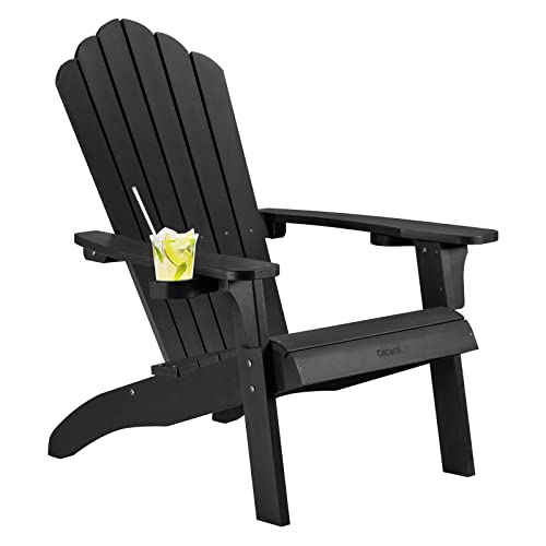 Cecarol Normal Size Adirondack Chair, Poly Lumber Comfortable Patio Fire Pit Chair with 2 Cup Holder, 385lbs Capacity, All Weather Resistant and Durable Chair for Indoor, Outdoor, Garden, Black-AC01S