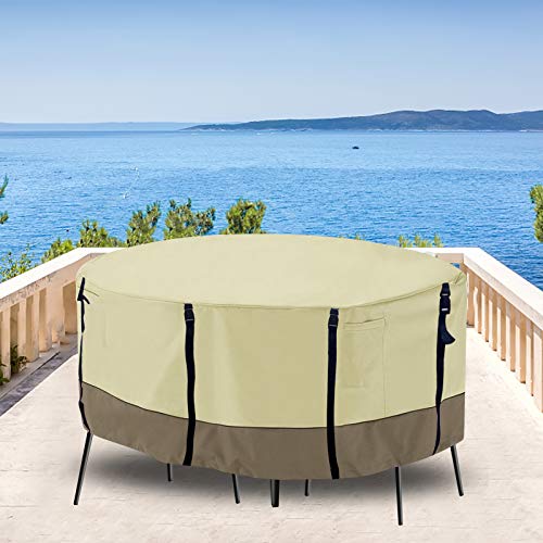 Ogrmar Patio Furniture Cover, Round Outdoor Waterproof & Sun Resistant Table Set Cover,Beige and Brown (96 x 27.5 inch)