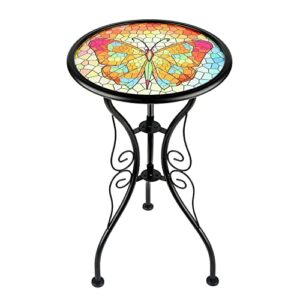 yardsbee butterfly outdoor side table,mosaic patio side table,12 inch accent round side table,plant table with tile top,samll metal glass end table for garden porch patio home…