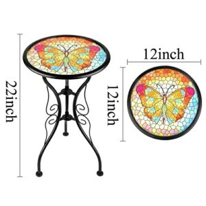 YardsBee Butterfly Outdoor Side Table,Mosaic Patio Side Table,12 Inch Accent Round Side Table,Plant Table with Tile Top,Samll Metal Glass End Table for Garden Porch Patio Home…